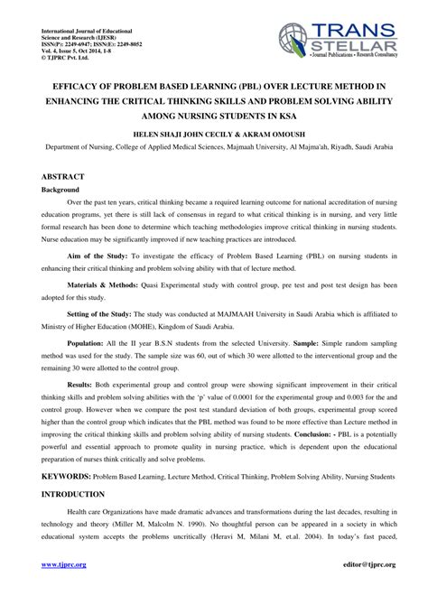 pdf efficacy of problem based learning pbl over lecture method in enhancing the critical