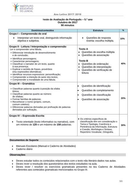 PDF Teste de Avaliação de Português 5 º ano Outubro de 2017 Teste de