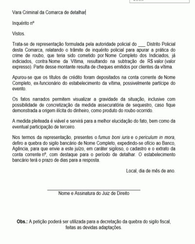 Referência de Petição de Decisão Judicial de Quebra de Sigilo Bancário