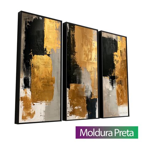 Quadro Abstrato Contrastes de Ouro 3 Peças QuadrosDecorativos