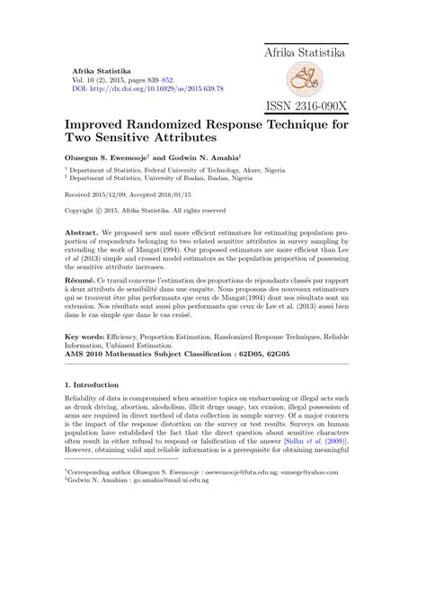 pdf improved randomized response technique for two sensitive attributes
