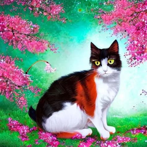 Calico Cat Sitting Under A Cherry Blossom Tree