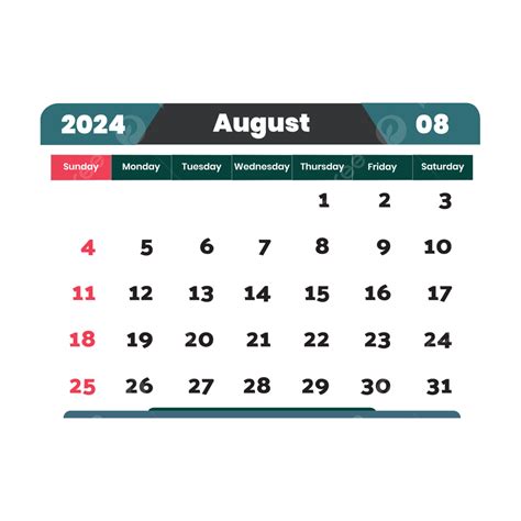 Calendario Mensual Agosto 2024 Con Transparente Vector PNG Agosto
