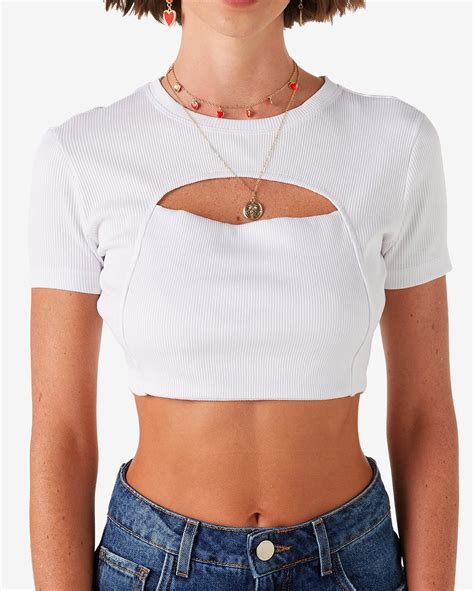 Riachuelo Blusa Cropped Feminina Manga Curta Recorte Canelada Branco