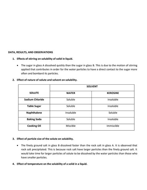 Solution Factors Affecting Solubility Activity Experiment Sheet