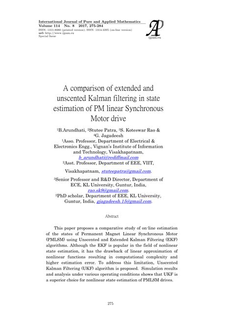 pdf a comparision of extended and unscented kalman filtering in state estimation of pm linear