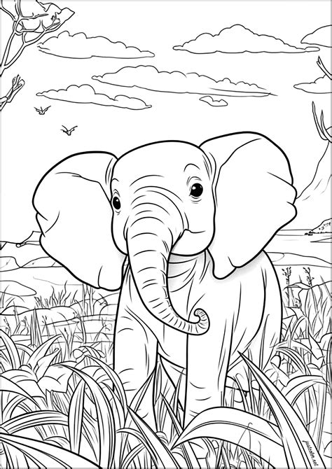 Junger Elefant in der Savanne Malbuch Elefanten Für Erwachsene