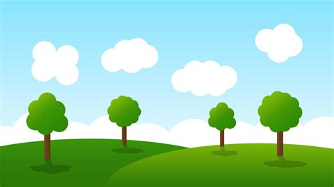 Landscape Cartoon Scene With Green Trees On Hills And White Cloud In