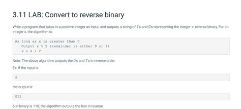 solved 3 11 lab convert to reverse binary write a program