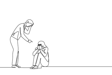 dibujo de una sola línea continua mujer asustada miedo de marido