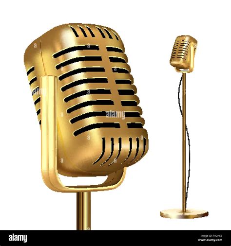 Retro Golden Microphone With Stand Vector Musician Tool Media Vocal
