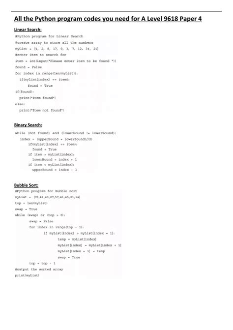 summary a level computer science 9618 paper 4 python code unit 4 further problem solving and