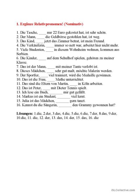 Relativpronomen und Relativsätz Deutsch DAF Arbeitsblätter pdf doc