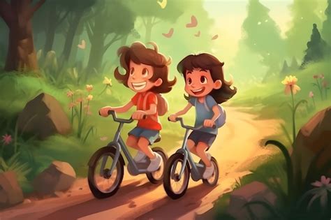 Una caricatura de dos niños andando en bicicleta por un camino con un