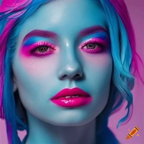 Portrait Of A Woman With Blue Hair And Pink Makeup