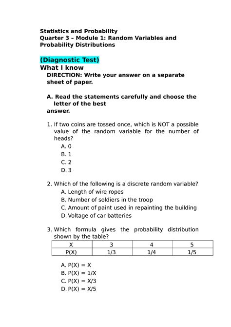 Statistics Probability Quarter Module Random Variables And