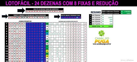 Planilha Lotofacil 24 Dezenas 8 Fixas e Redução Canal do Puga