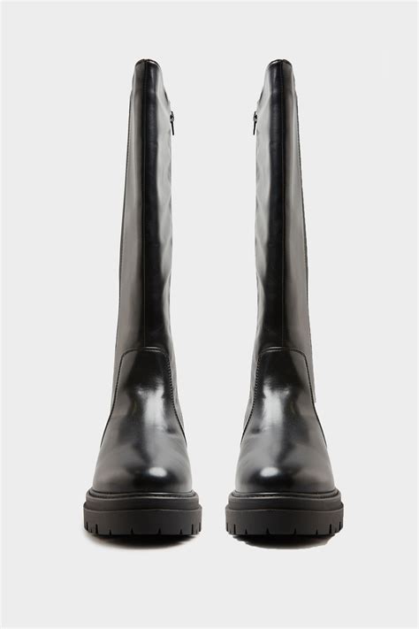 Black Elasticated Knee High Cleated Boots In Extra Wide Fit Yours
