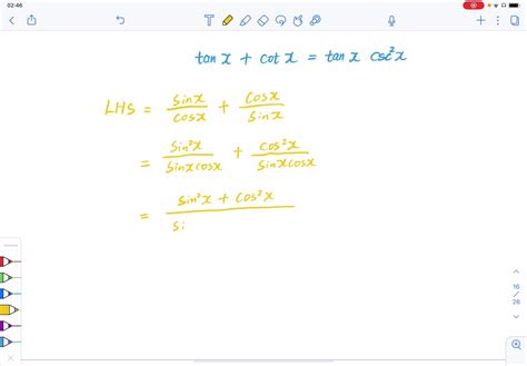 solved prove the given identities tanx cotx tanx csc 2 x