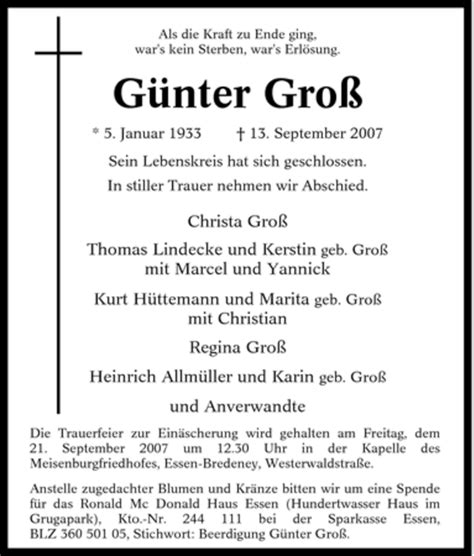 Traueranzeigen Von G Nter Gro Trauer In Nrw De