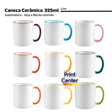 Caneca de Cerâmica Branca LiveSub 325ml Alça e Borda Colorida
