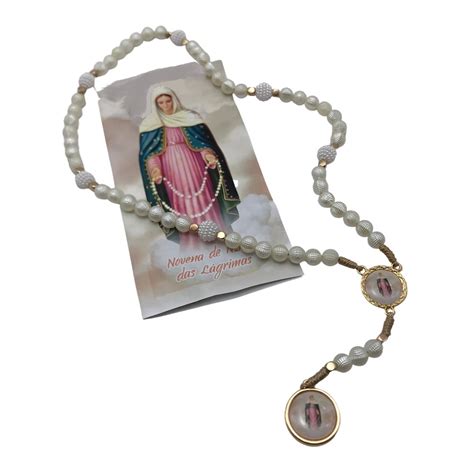 Terço Craquelado Nossa Senhora das Lágrimas Folheto Novena de Oração