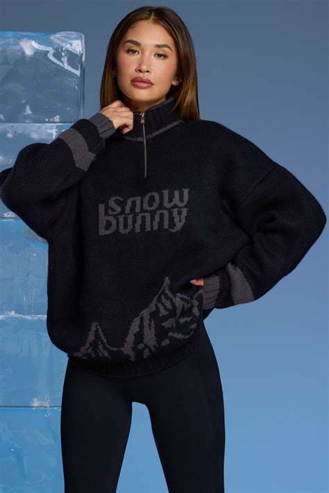 Snow Bunny Oversized Half Zip Chunky Knit Jumper In Black Wishupon