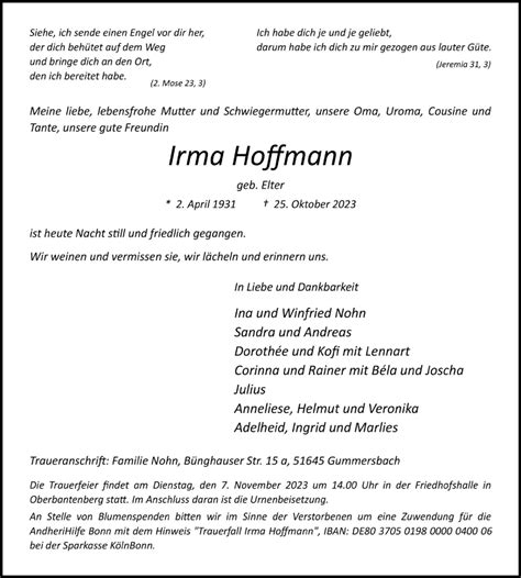 Traueranzeigen Von Irma Hoffmann WirTrauern
