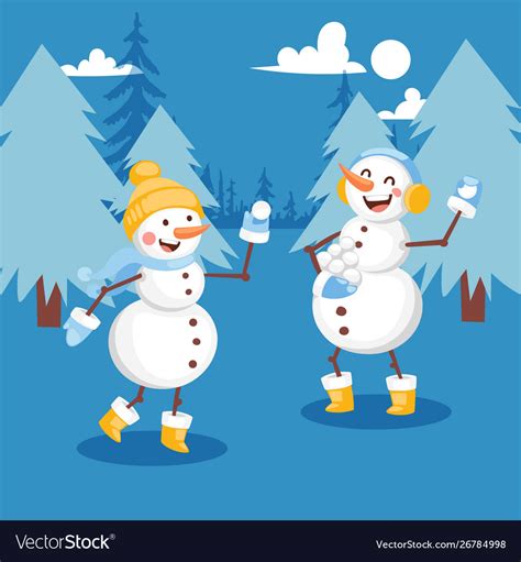 Snowmen Having Snowball Fight Banner Royalty Free Vector
