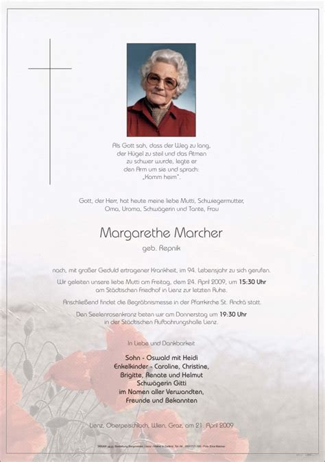 Todesanzeige Margarethe Marcher Trauer Link