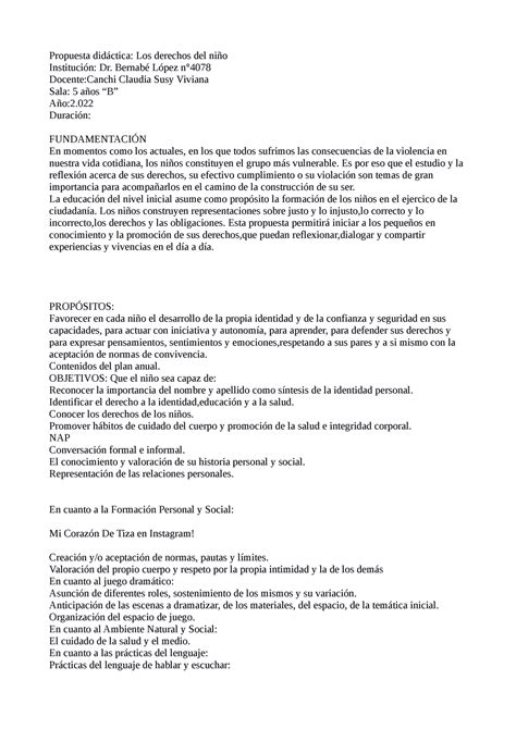 Propuesta Derechos DEL NIÑO Propuesta didáctica Los derechos del