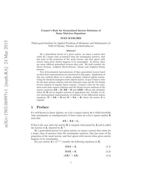 pdf cramer s rule for generalized inverse solutions of some matrices equations