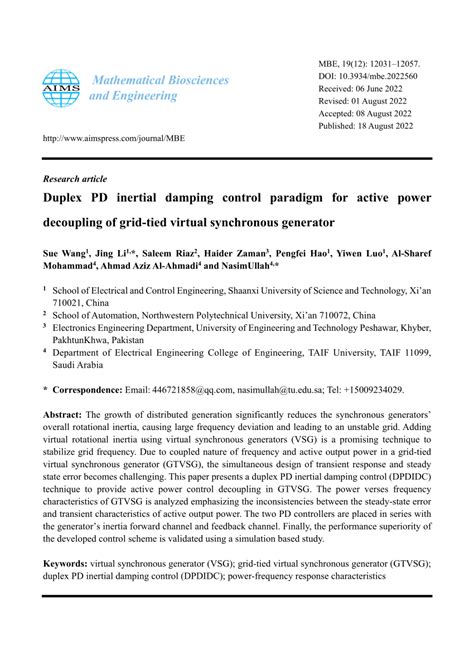 pdf duplex pd inertial damping control paradigm for active power decoupling of grid tied
