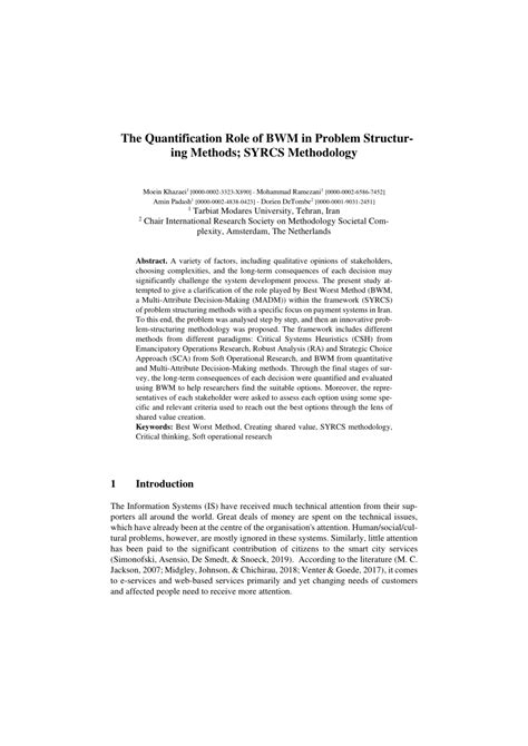 pdf the quantification role of bwm in problem structuring methods syrcs methodology
