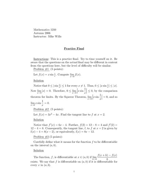 18 solved problems on squeeze theorem final exam math 1210 docsity