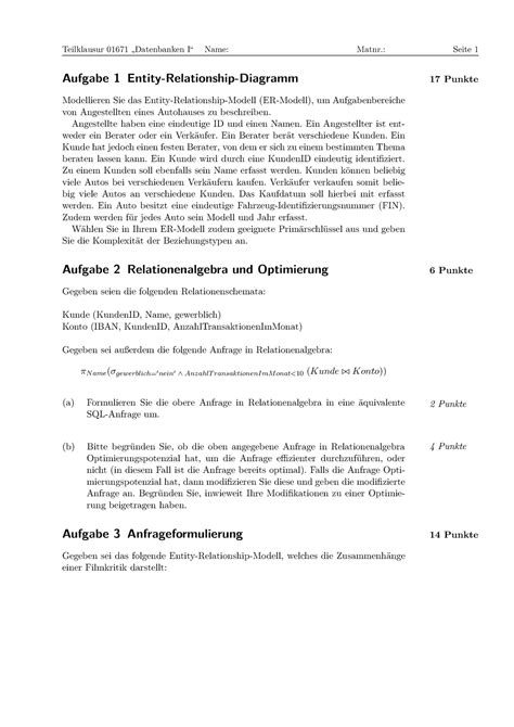 Klausur WS 2122 Aufgabe 1 Entity Relationship Diagramm 17 Punkte