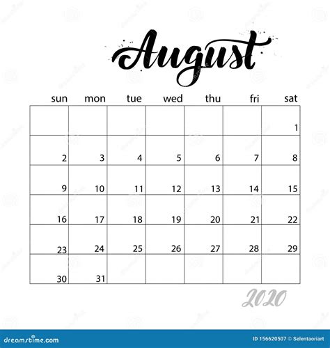 Agosto CalendÃrio Mensal Para 2020 Ano Ilustração do Vetor