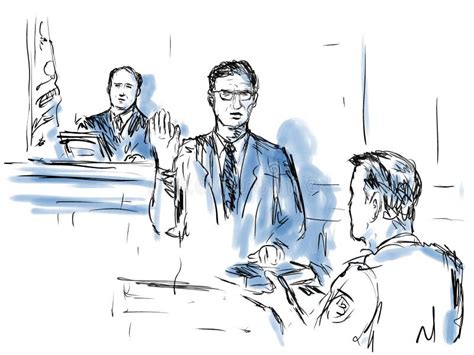 Courtroom Trial Sketch Showing Judge And A Male Witness On Stand Taking