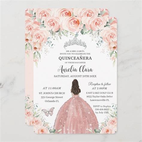 Quinceañera Blush Pink Floral Rose Princess Silver Invitation Zazzle
