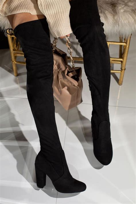 Isabella Black Chunky Heel Thigh High Boots Shopperboard