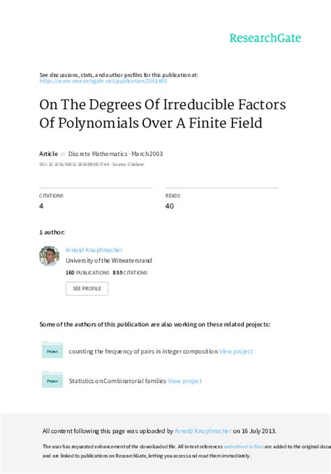 pdf on the degrees of irreducible factors of polynomials over a finite field arnold