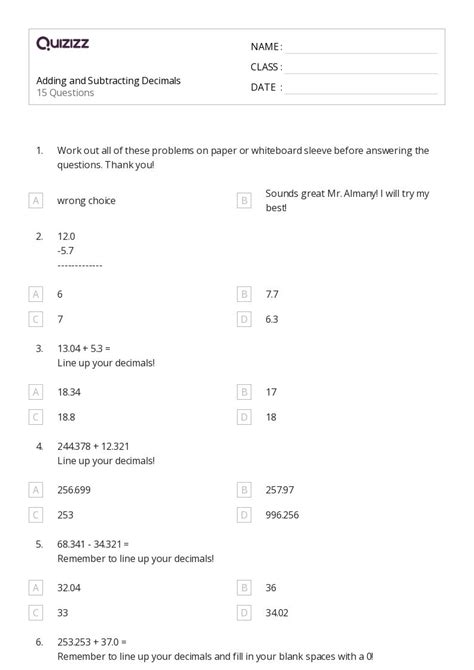 Subtracting Decimals Worksheets For Th Grade On Quizizz Free
