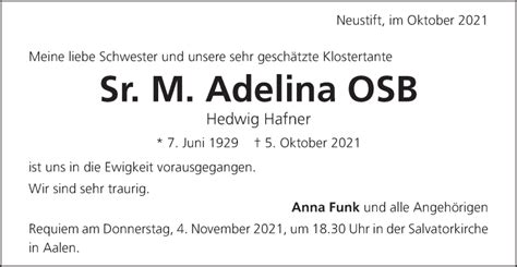 Traueranzeigen Von Hedwig Hafner OstalbTrauer