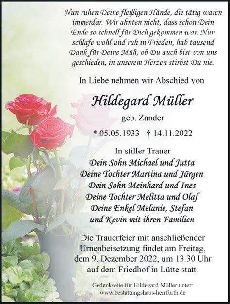 Traueranzeigen von Hildegard Müller Märkische Onlinezeitung Trauerportal