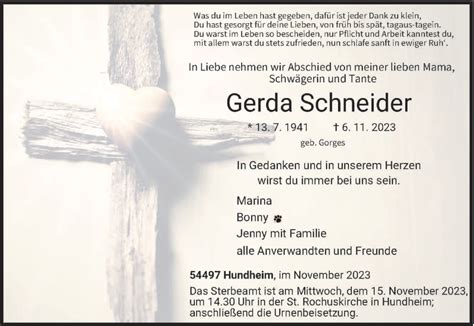 Traueranzeigen Von Gerda Schneider Volksfreund Trauer De