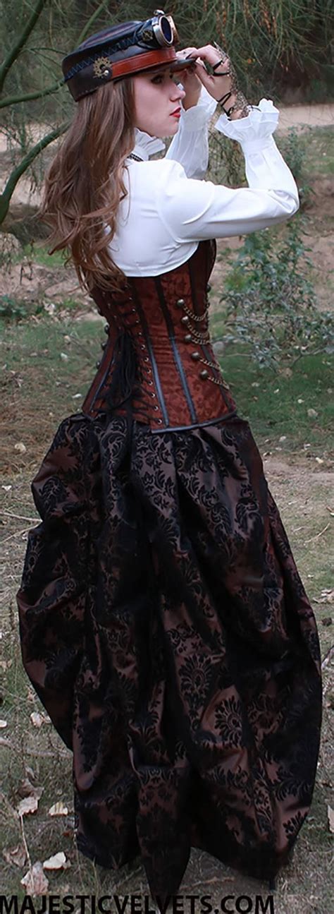 Steampunk Brown Corset W BROWN BLACK DAMASK Bustle Skirt Victorian