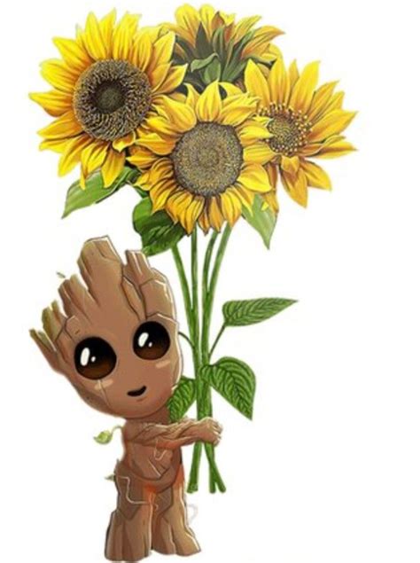 A Drawing Of A Baby Groote Holding Sunflowers