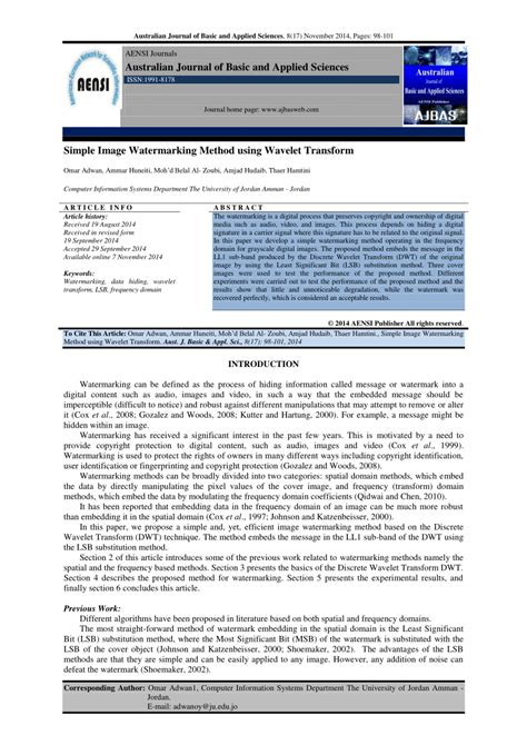 pdf simple image watermarking method using wavelet transform