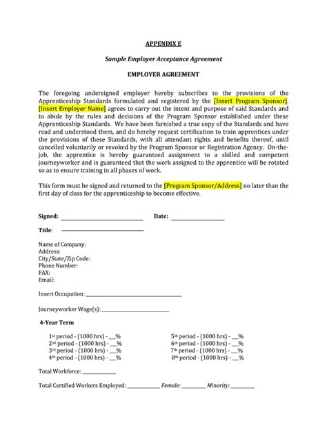 Fillable Online Doleta Sample Employer Acceptance Agreement Doleta