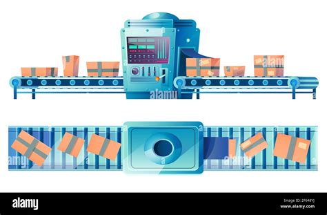 Conveyor Belt With Cardboard Boxes At Factory Plant Warehouse Or Post